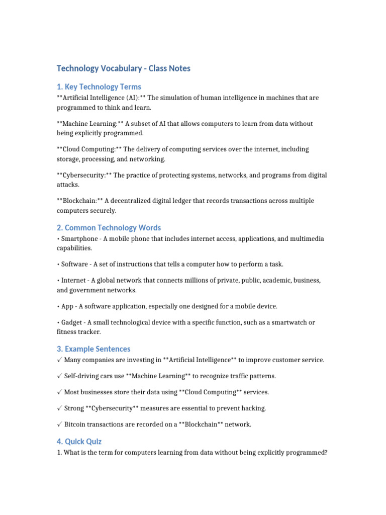 Technology Vocabulary Class Notes | PDF