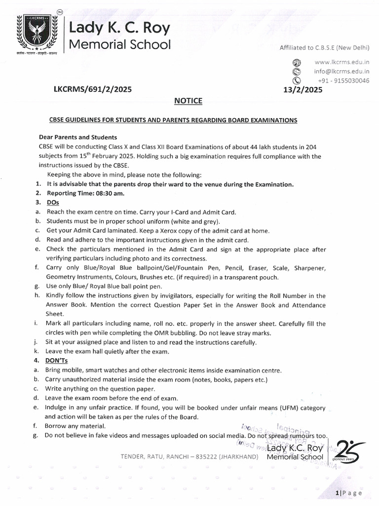 Notice No. 691 (Re. Cbse Guidelines Regarding Board Examinations | PDF