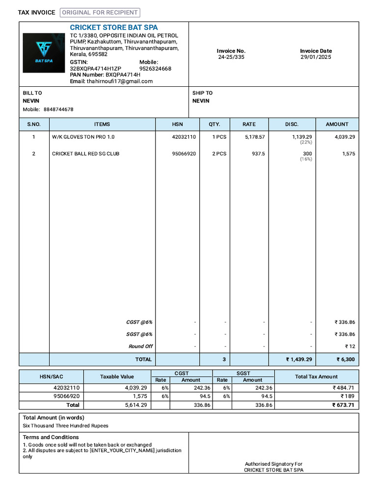 Cricket Store Invoice - Thiruvananthapuram | PDF | Taxation | Economy ...
