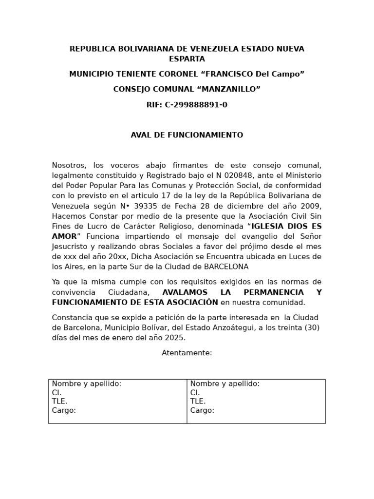 Carta de Funcionamiento de Consejo Comunal | PDF