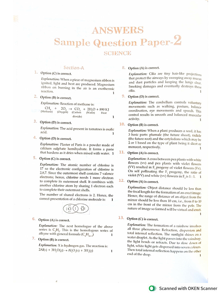 Answer Key Sample Paper 10th | PDF