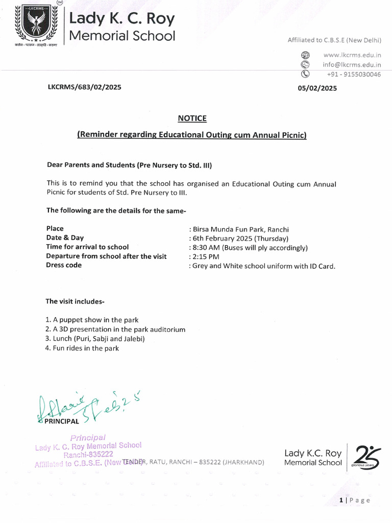 Notice No. 683 (Reminder Re. Educational Outing Cum Annual Picnic) | PDF
