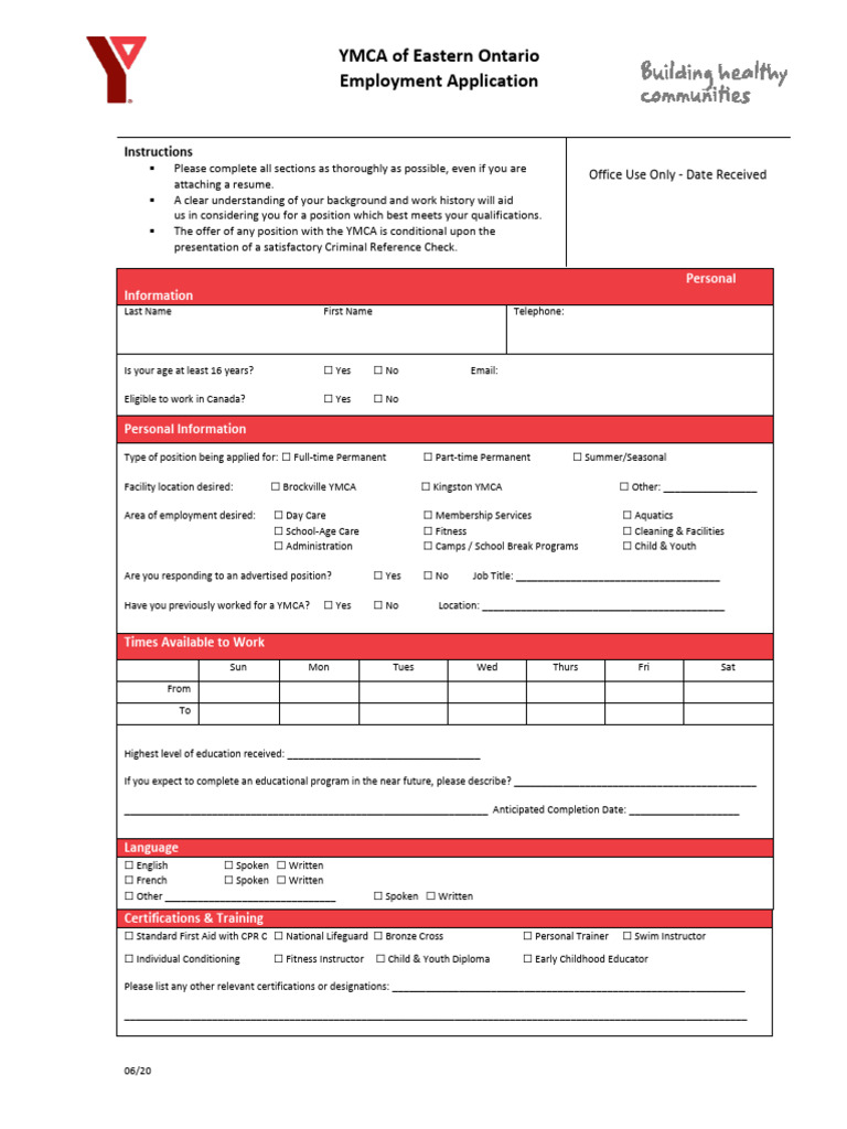 YMCA Eastern Ontario Job Application Form | PDF