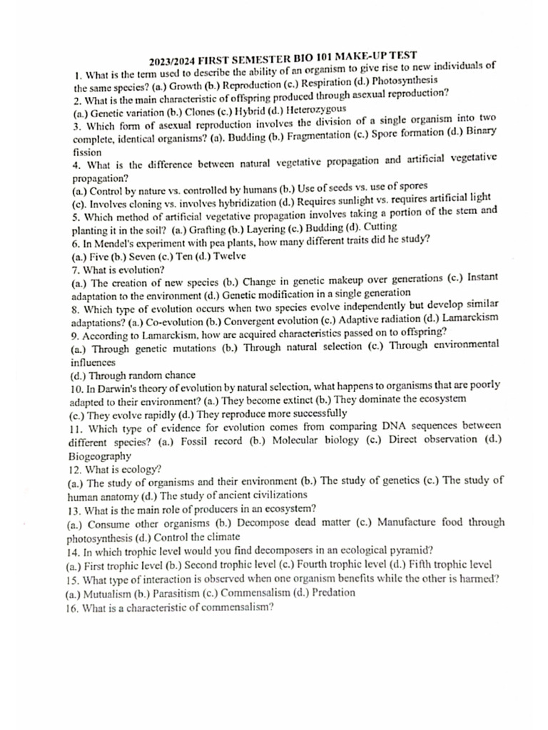 Bio 101 Test 2324 Pdf
