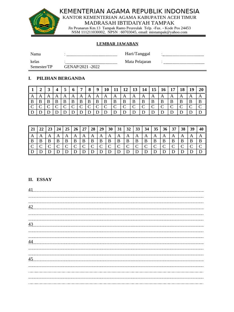 Lembar Jawaban Madrasah Ibtidaiyah | PDF