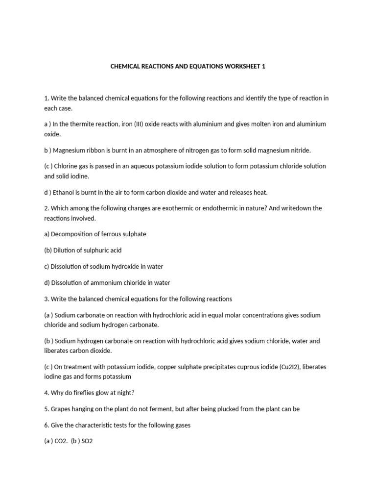 CHEMICAL REACTION AND EQUATIONS Worksheet | PDF | Chemical Reactions ...