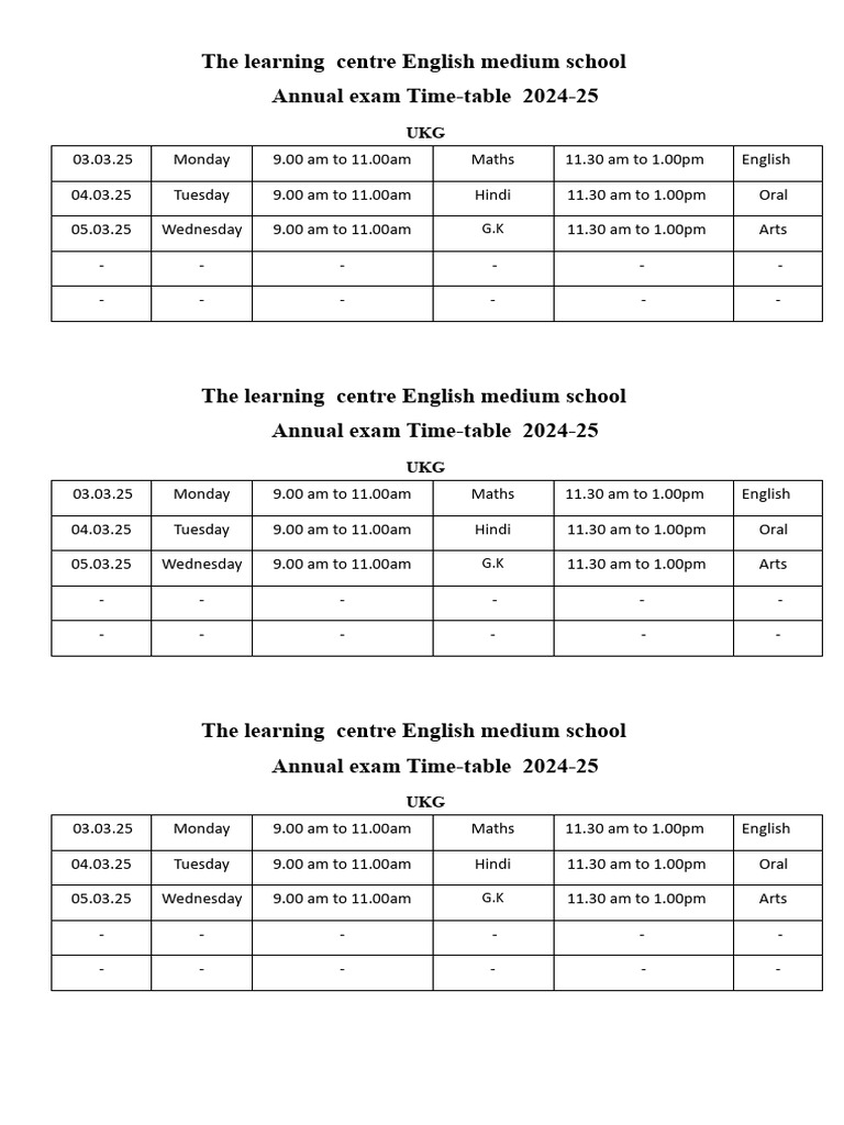 UKG Annual Exam Timetable 2024-25 | PDF