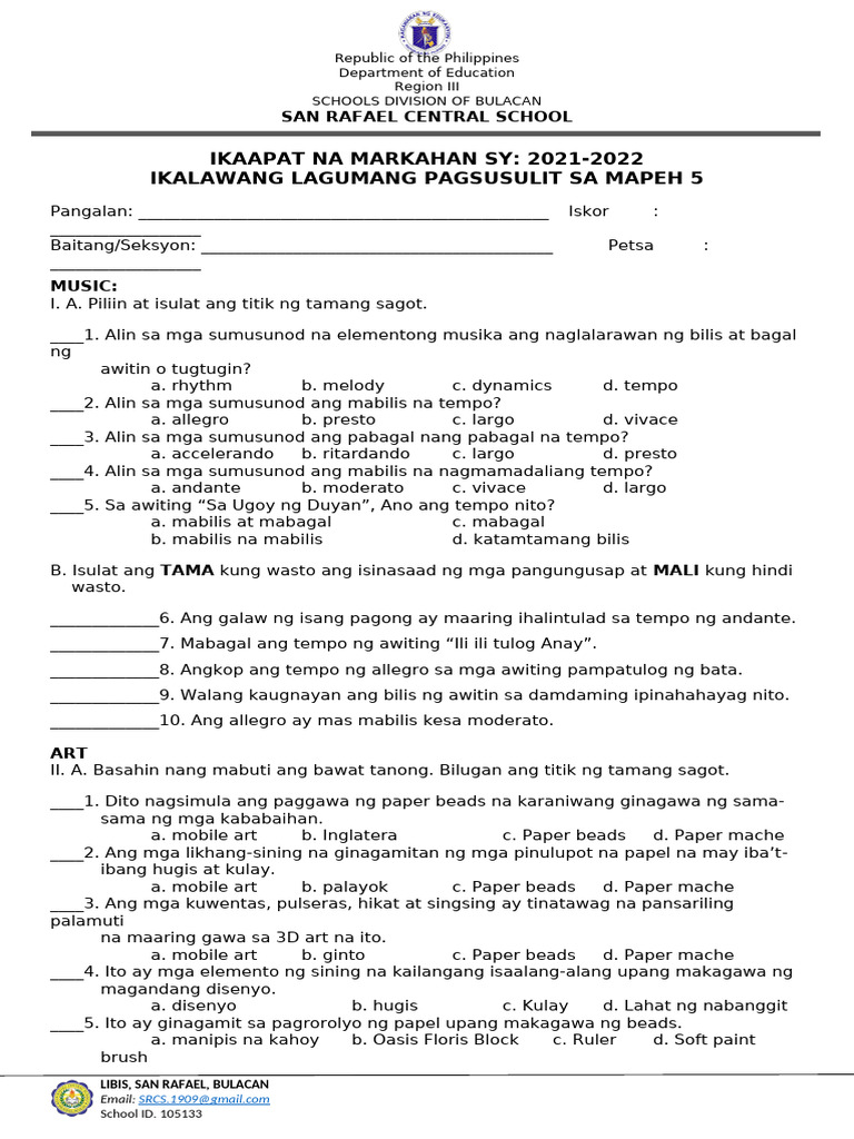 Q4 2nd Sum MAPEH 5 With TOS, Performance Task With Rubrics | PDF