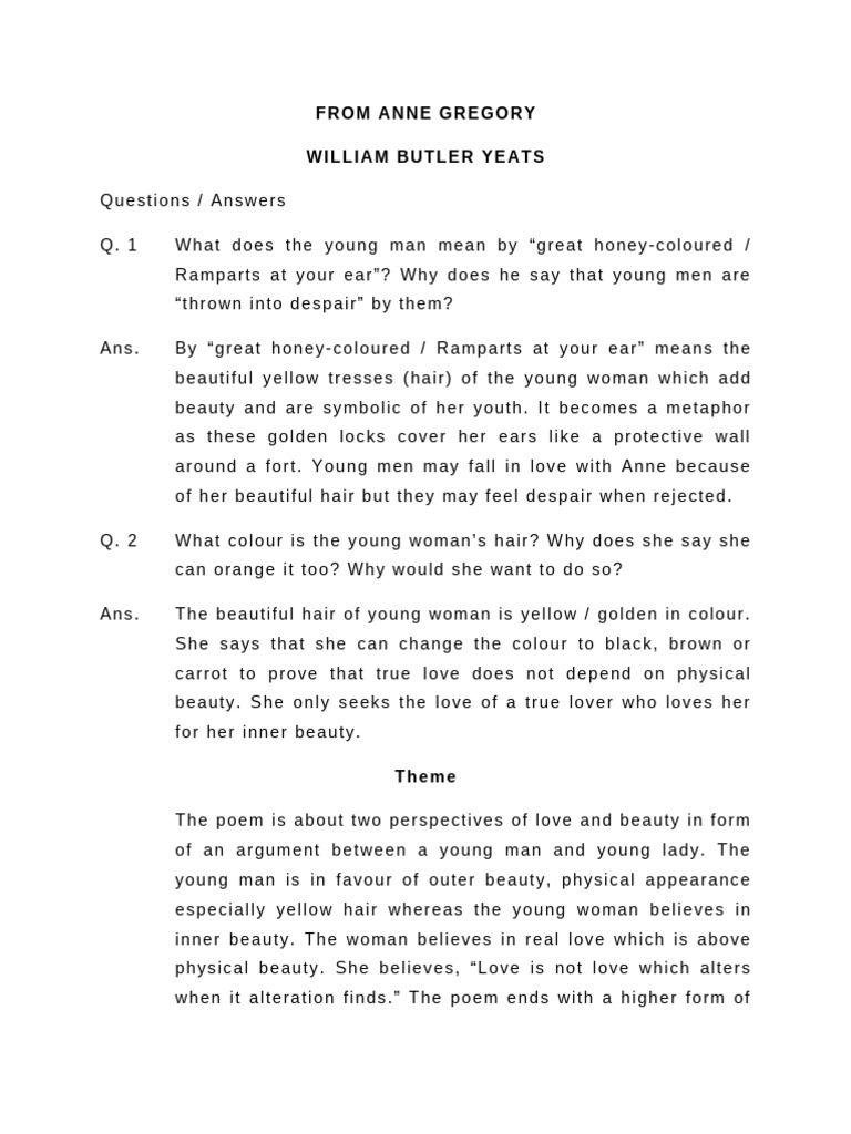 Q & A For ANNE GREGORY | PDF