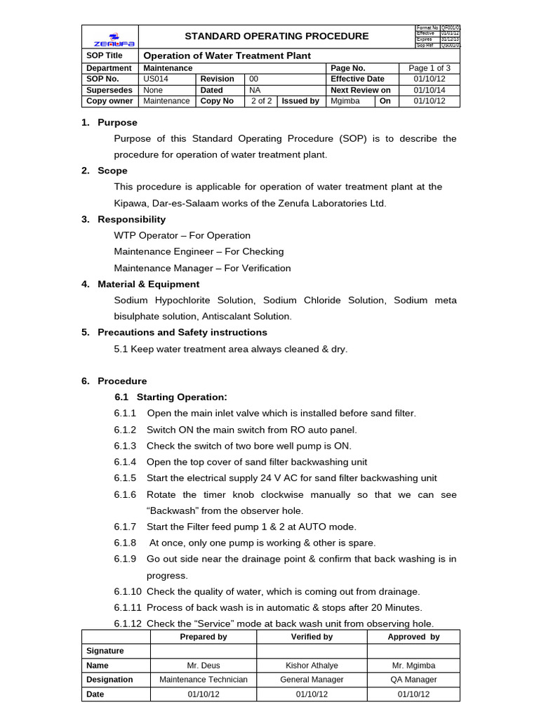 14 SOP For Water Treatment Plant-New | PDF | Pump | Sodium