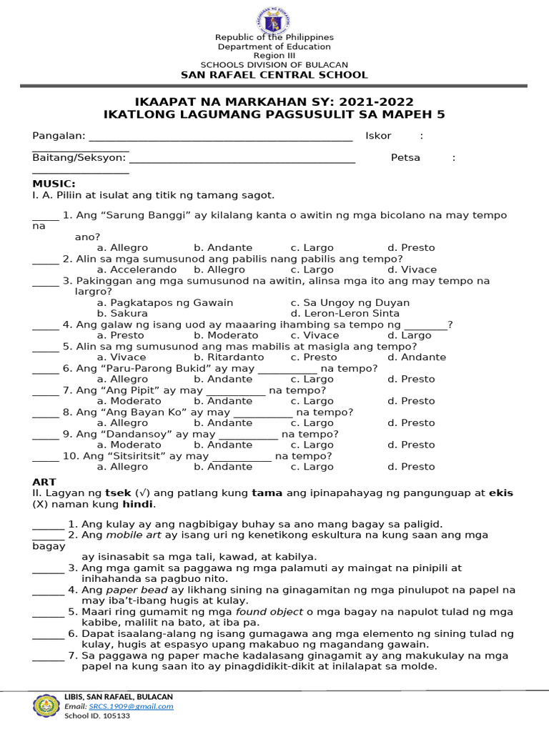 Q4 3rd Sum MAPEH 5 With TOS, Performance Task With Rubrics | PDF