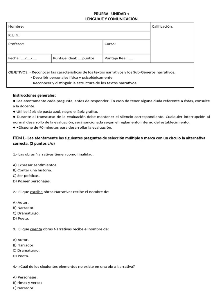 Evaluación Unidad 1 Lenguaje y Comunicación Quinto Básico | PDF | Narración