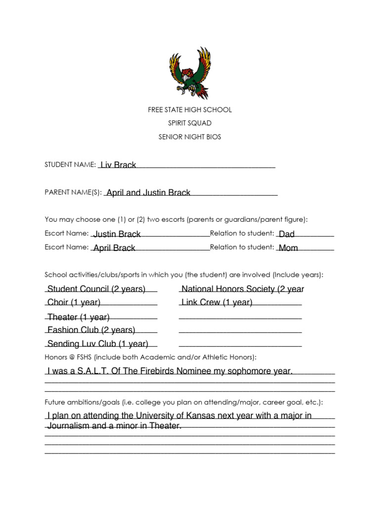 Senior Night Bio Form 2025 | PDF