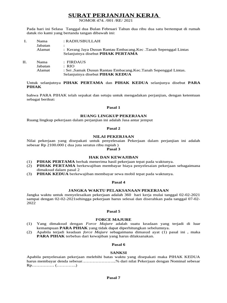 SURAT PERJANJIAN KERJA | PDF