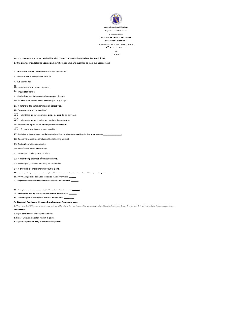 TLE 9 Periodical Exam Guide | PDF | Cognition