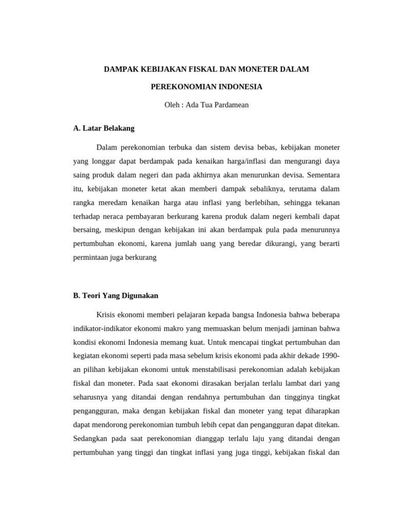 Dampak Kebijakan Fiskal Dan Moneter Dalam Perekonomian Indonesa | PDF