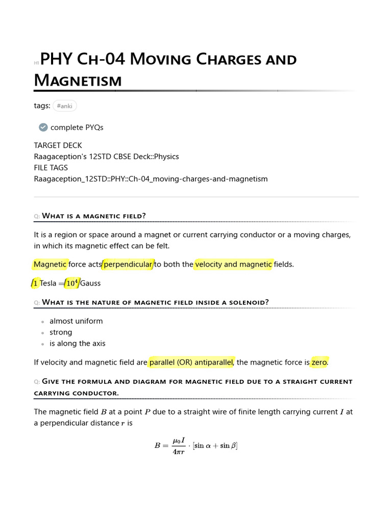 PHY Ch-04 Moving Charges and Magnetism | PDF | Magnetic Field | Physics