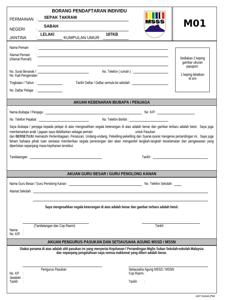 Borang M01 Sepak Takraw 18TKB | PDF