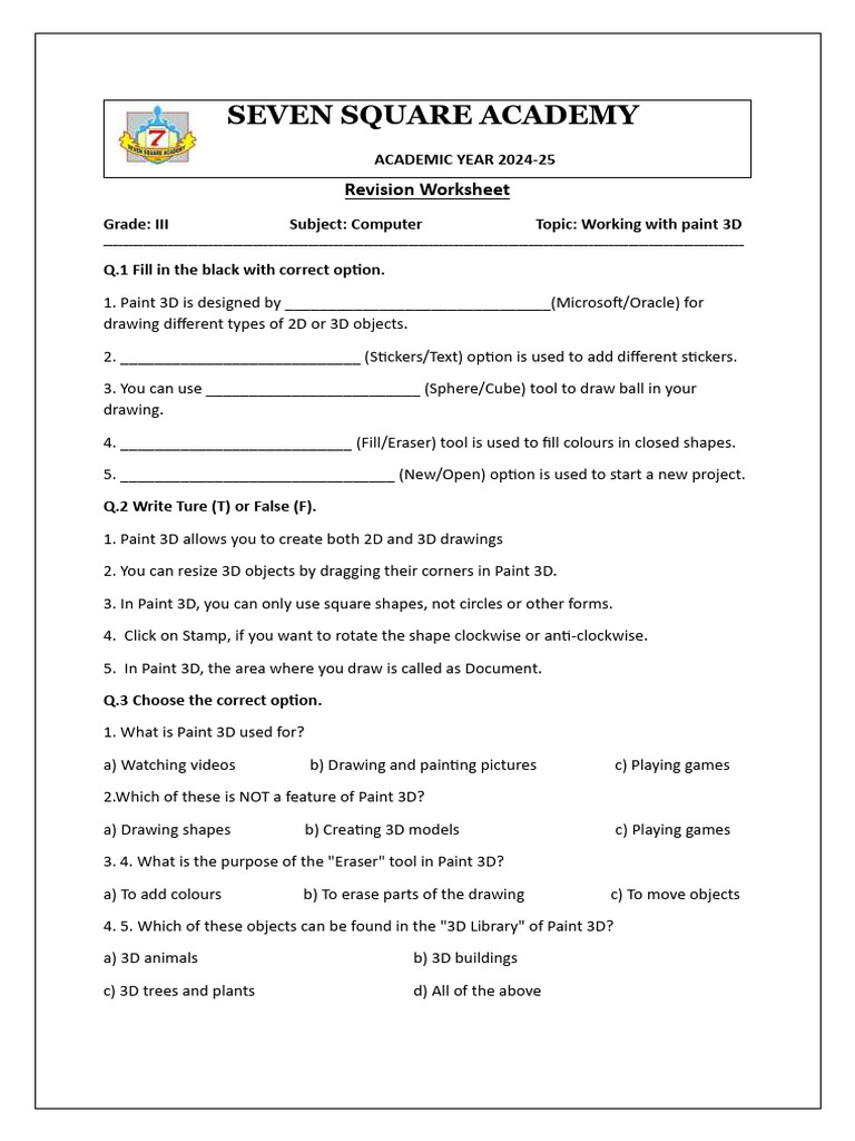 Grade3 - Working With Paint 3D - Worksheet | PDF | 3 D Computer Graphics | Drawing