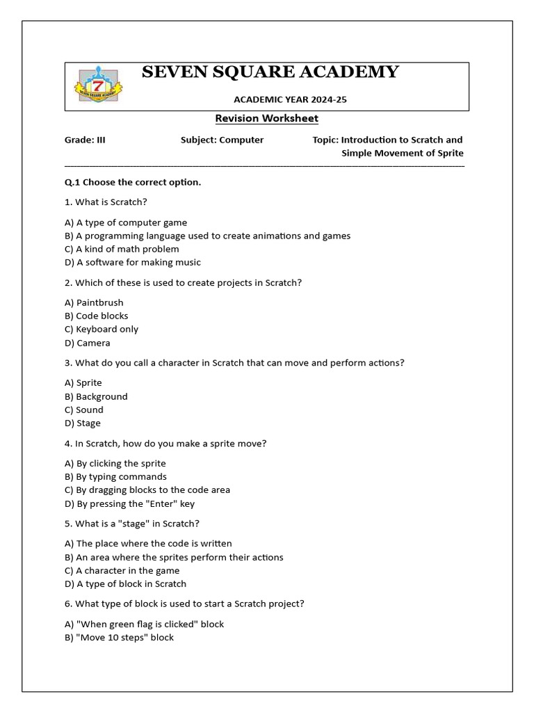 Grade3 - Scratch3 - Revision Worksheet | PDF | Scratch (Programming ...