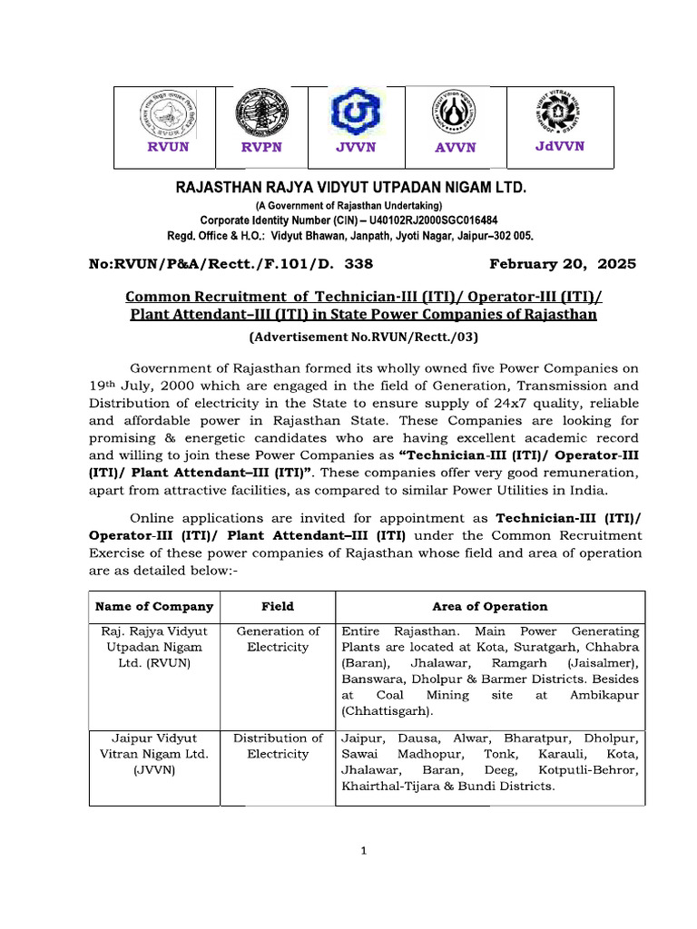 RVUNL Technician Detailed Notification 2025 | PDF