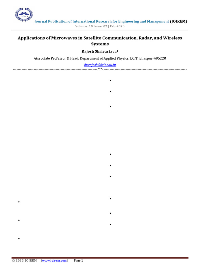Applications of Microwaves in Satellite Communication, Radar, and ...