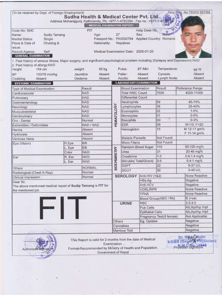 Sudip Tamang Medical Report | PDF
