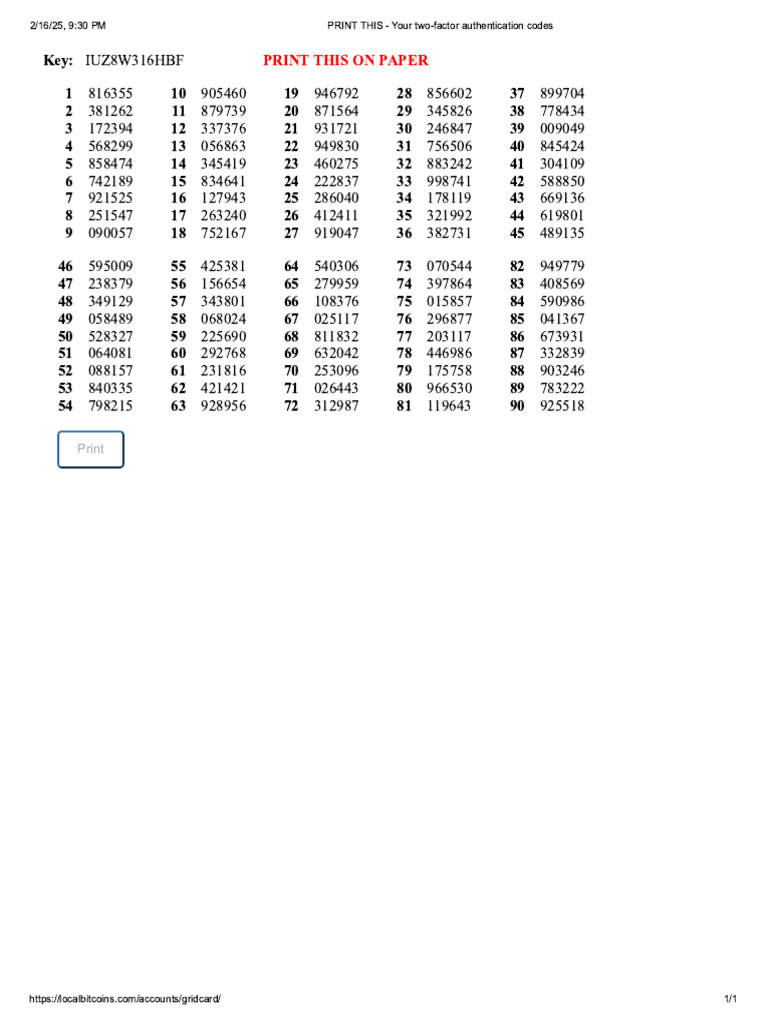 PRINT THIS - Your Two-factor Authentication Codes | PDF