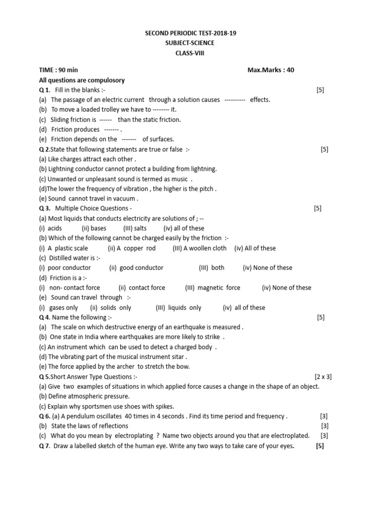 Class 8 Science Periodic Test 2018-19 | PDF | Friction | Force