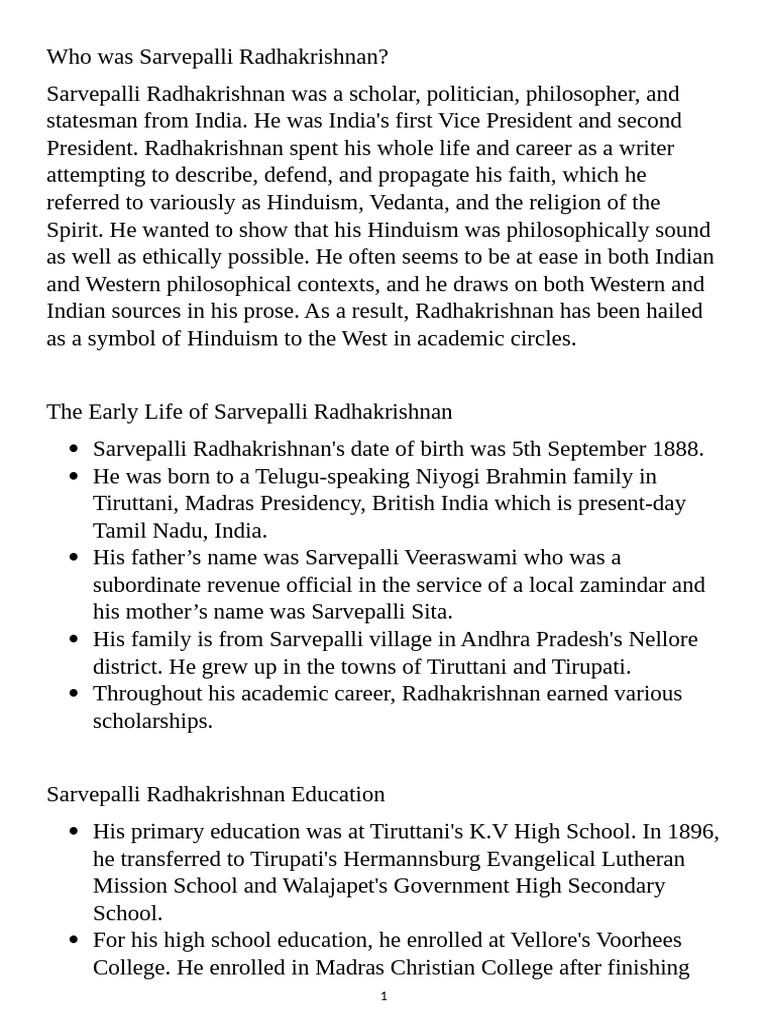 Biography of Dr. Sarvepalli Radhakrishnan | PDF