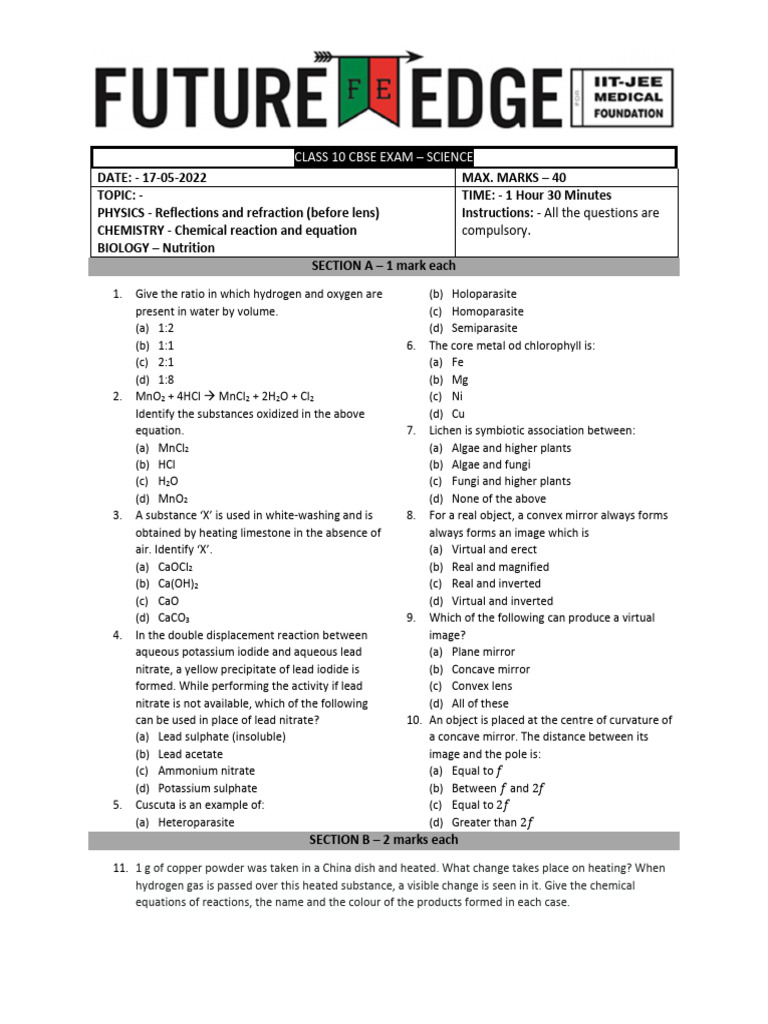 10 - Science Light, Nutrition, Chemical Reaction 17-05-2025 | PDF ...