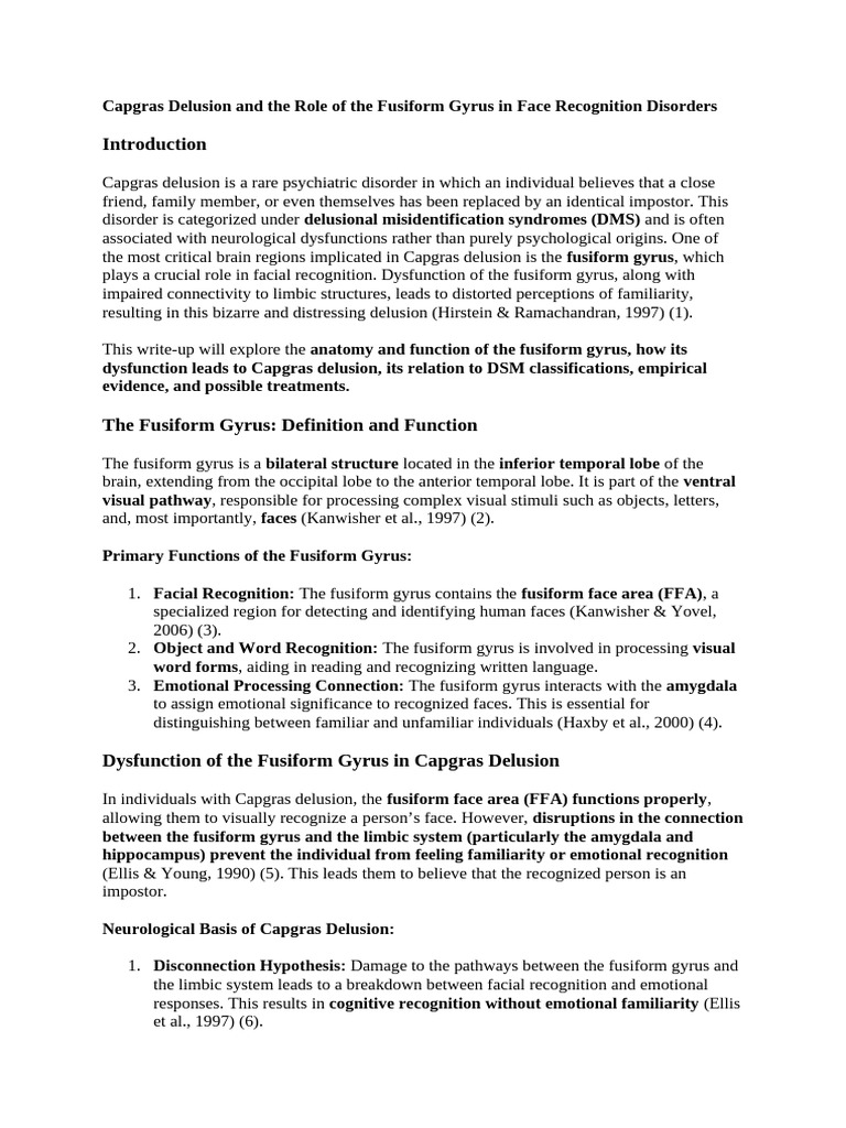 Capgras Delusion and The Role of The Fusiform Gyrus in Face Recognition ...