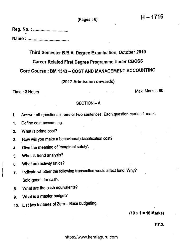 Bba 3 Sem Cost and Management Accounting H 1716 Oct 2019 | PDF
