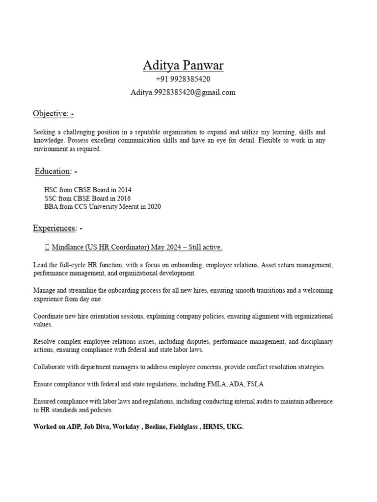 Aditya resume 2025 US HR | PDF | Employment | Business