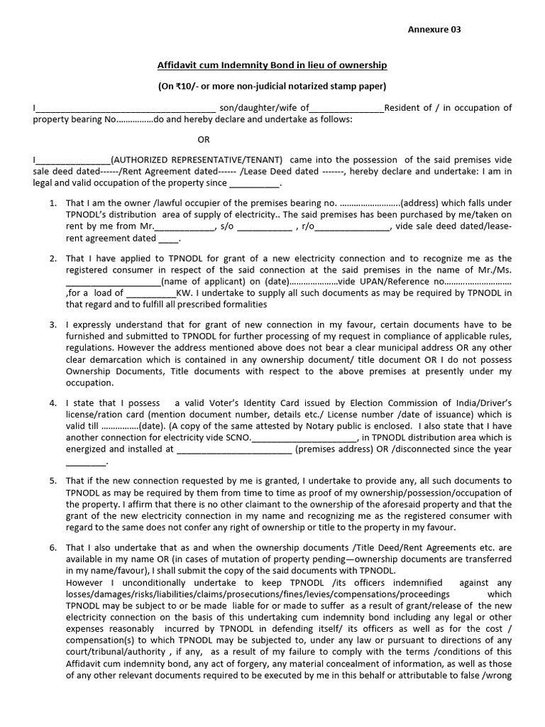 Annexure 03 (TPNODL-IMS-CMG-F03) - Indemnity Bond in Lieu of Proof of Ownership | PDF ...