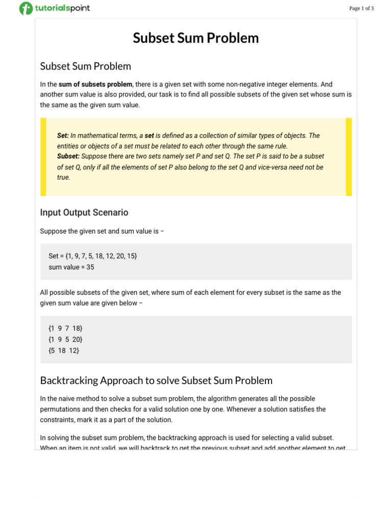 Subset Sum Problem ADSA | PDF | Set (Mathematics) | Integer (Computer Science)