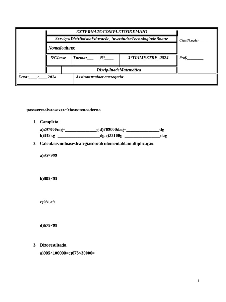 Actividades Matemática 5 Classe. III Trimestre | PDF