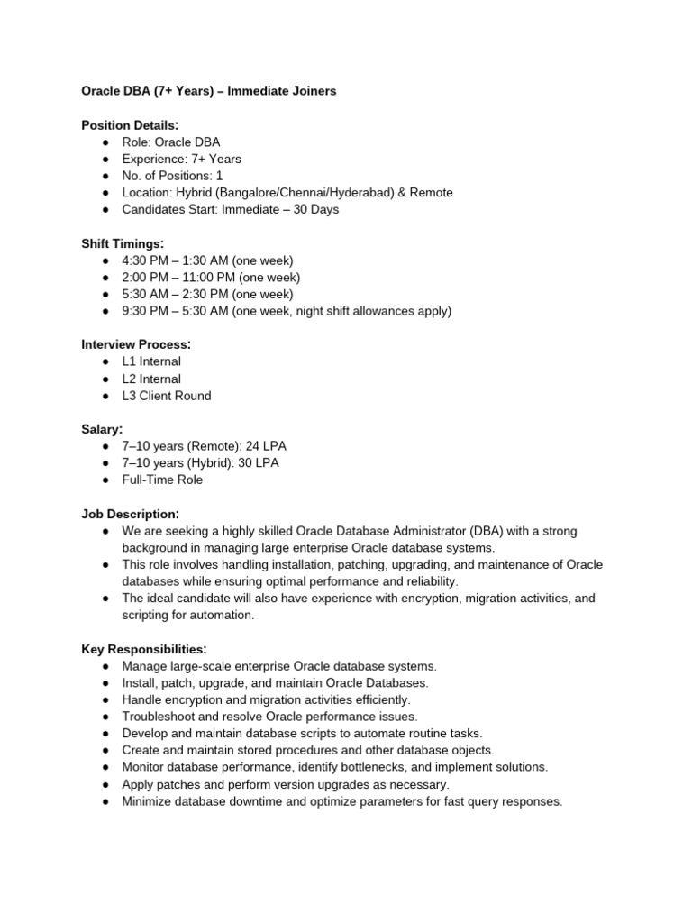 Oracle DBA (7+ Years) - Immediate Joiners | PDF | Databases | Cloud Computing