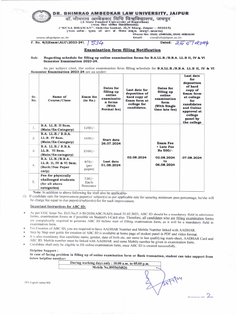 390 - Exam Form Filling For Ba & Bba LLB Ii, Iv & Vi Semester Exam 2023 ...
