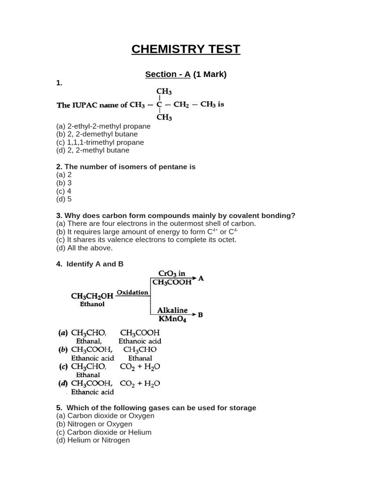 Carbon and Its Compound Test | PDF | Chemical Reactions | Chemical ...