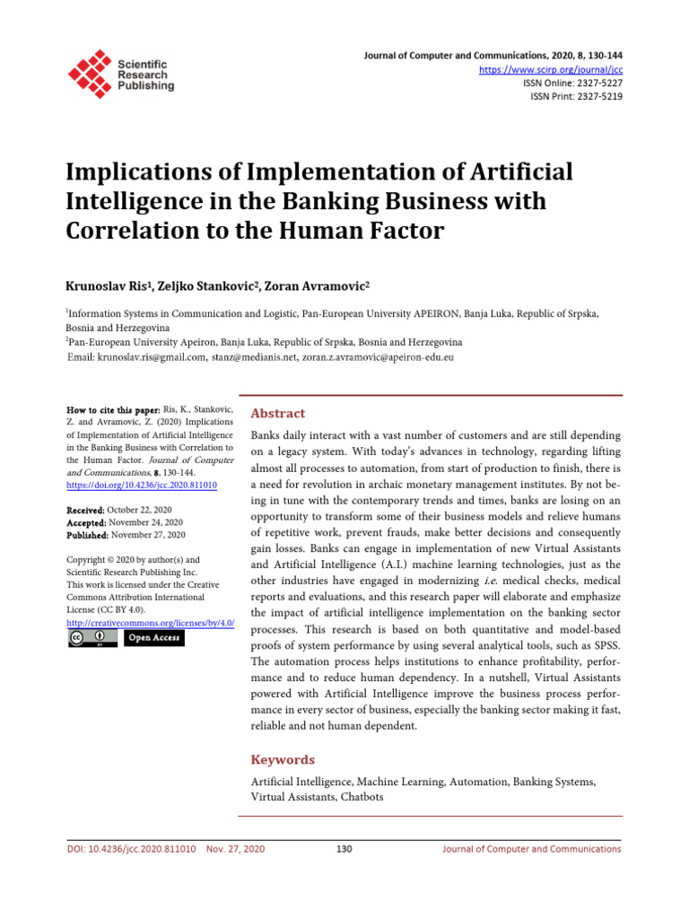 Implications of Implementation of Artificial Intelligence in The Banking Business With ...