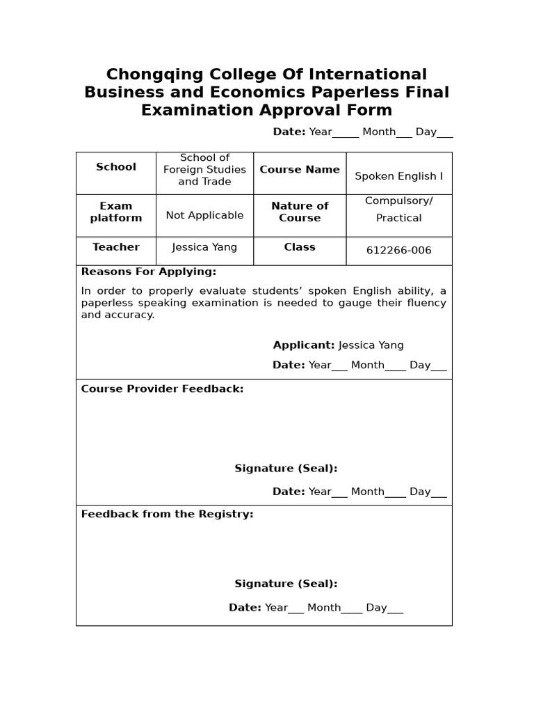 Paperless Exam Approval Form for Spoken English | PDF