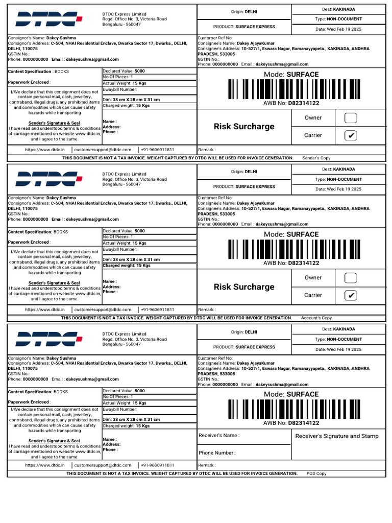 DTDC Surface Express Shipping Label | PDF | Mail