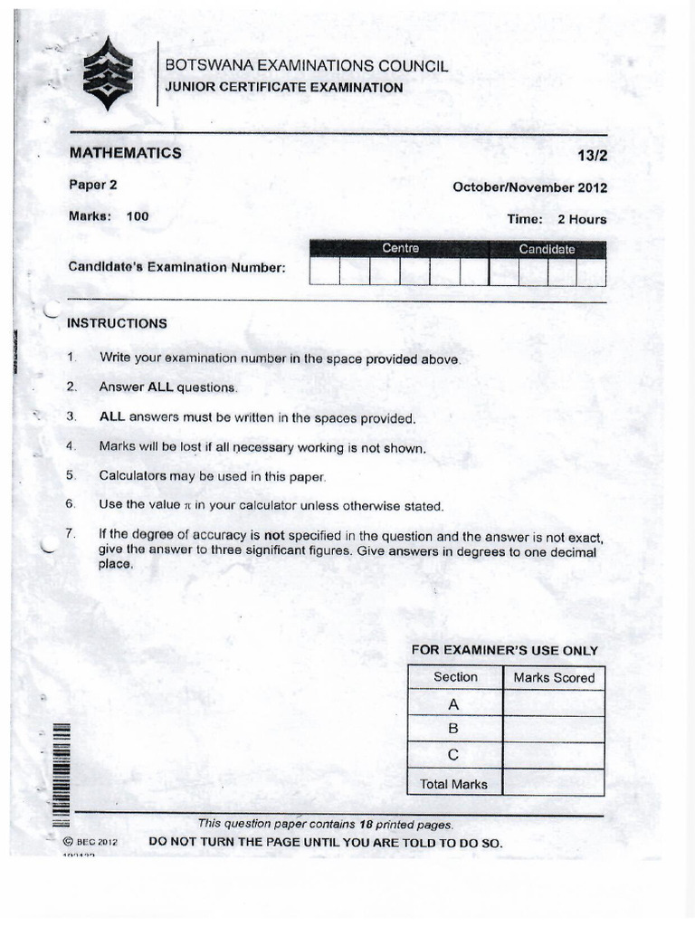 Maths Jce 2012 Paper 2 | PDF