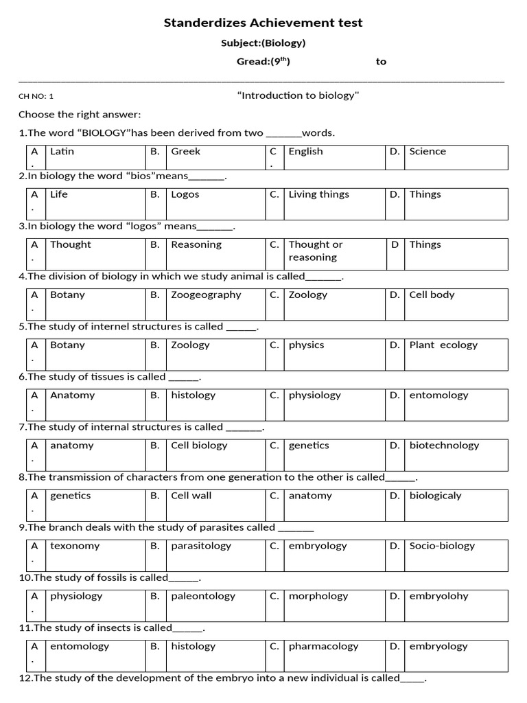 Standerdizes Achievement Test 12 | PDF | Zoology | Botany