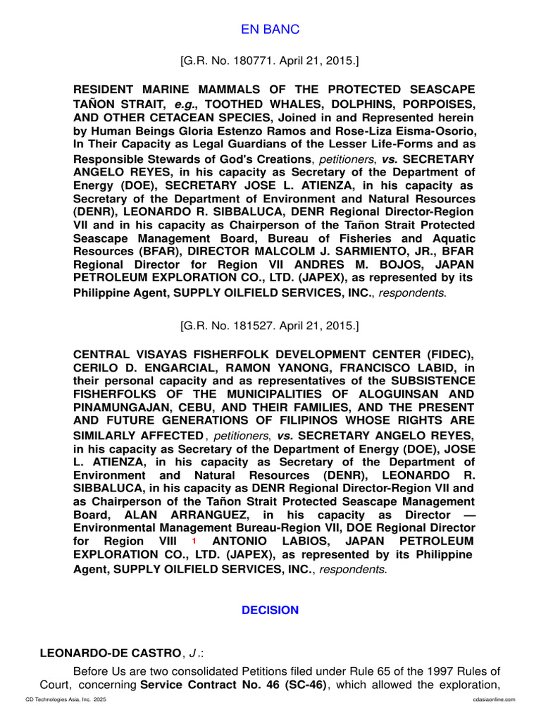 Resident Marine Mammals of The Protected Seascape Tañon Strait v. Reyes ...