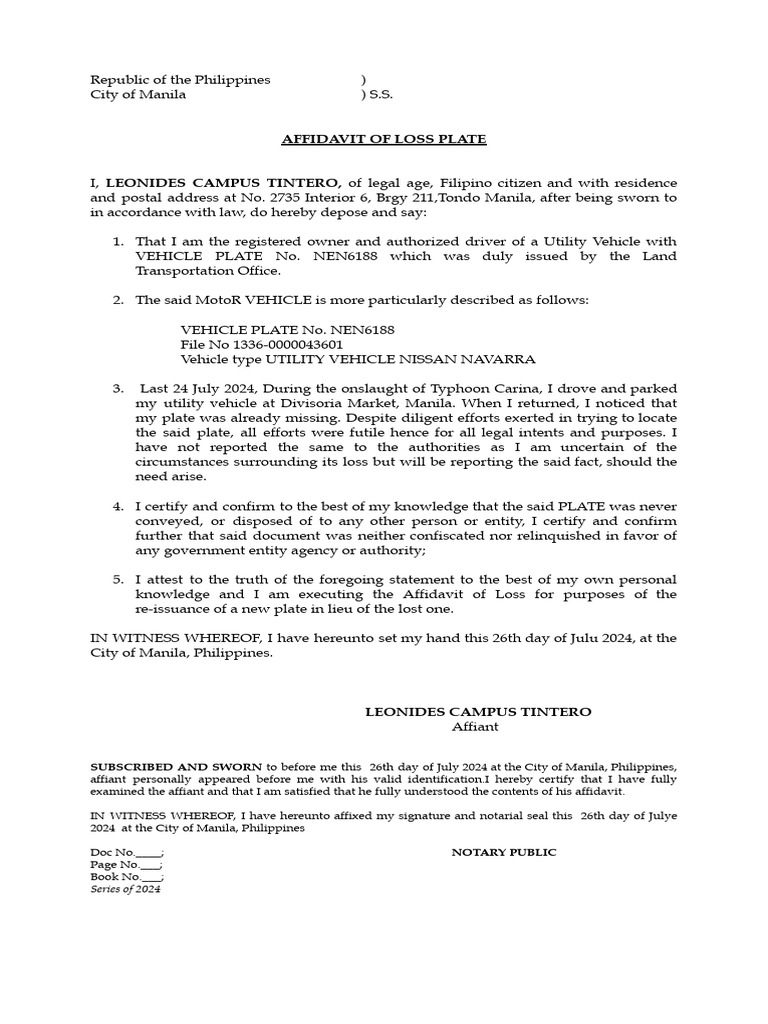 Affidavit of Loss PLATE NUMBER_tintero | PDF | Affidavit | Legal Procedure