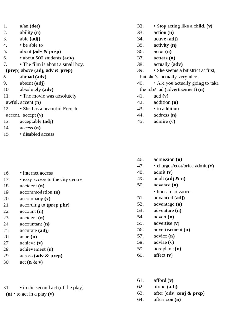 b1 Preliminary 2020 Vocabulary List | PDF | Grandparent