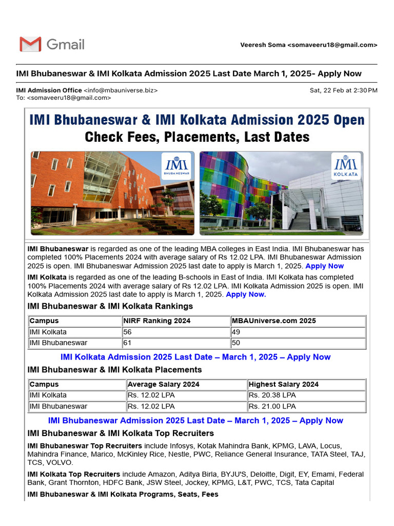 IMI Bhubaneswar & Kolkata Admissions 2025 | PDF