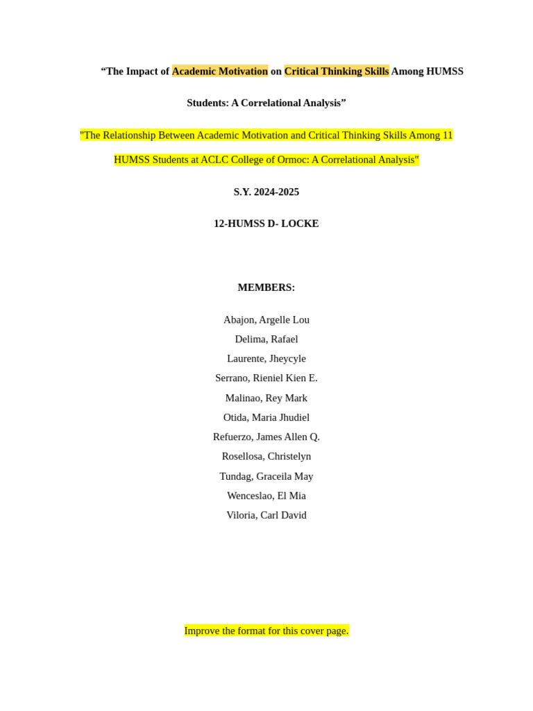 Academic Motivation & Critical Thinking in HUMSS | PDF | Motivational ...